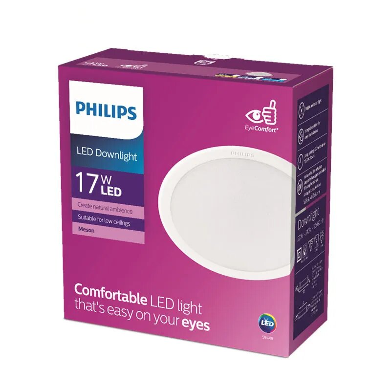 Встраиваемый светильник 17W 6500K WH 1300lm d-150 D-165 H-47 Свет Холодный белый. Круглая LED панель 59466 MESON 150 Philips, уп. 1шт
