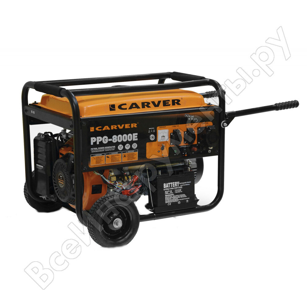 Бензиновый генератор с мощностью 6.5 кВт и 25-литровым баком, 4-х тактный двигатель, низкий уровень шума 78 дБ, колеса для удобства перемещения