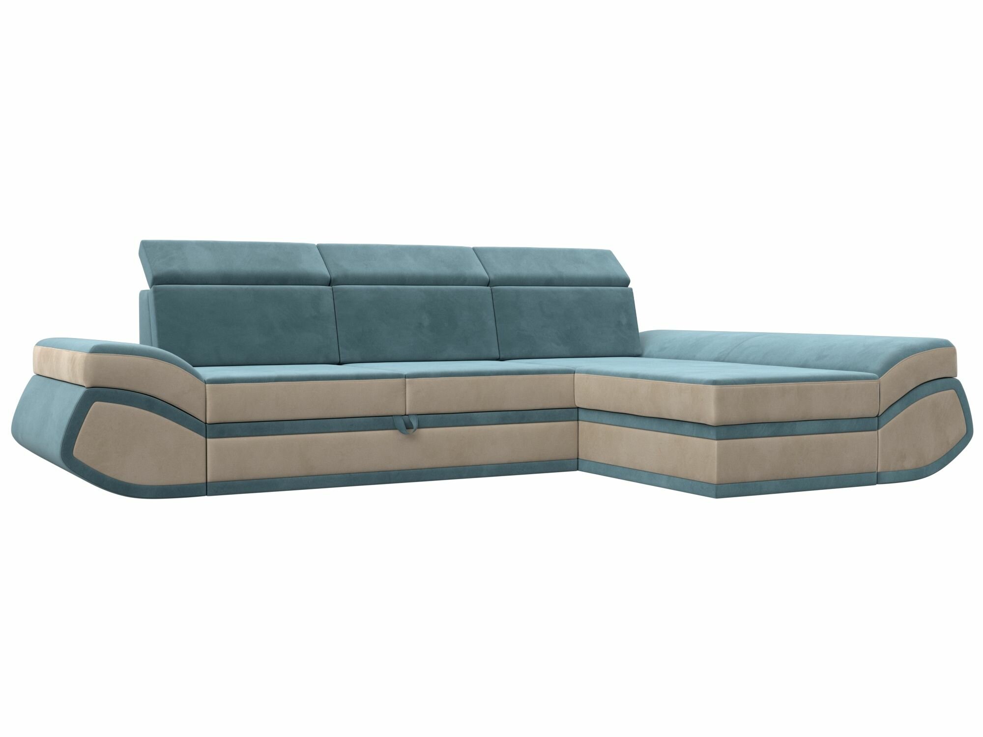 Диван угловой Лига-032 правый угол, велюр бирюзовый, велюр бежевый