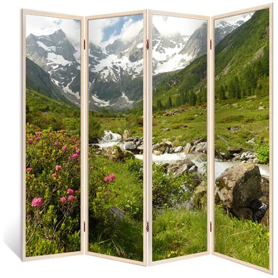 Ширма перегородка Декор Депо для комнаты деревянная "Живописное ущелье" двухсторонняя с картинкой (природа) 4 створки кремовый дуб 176х185 см 14 кг