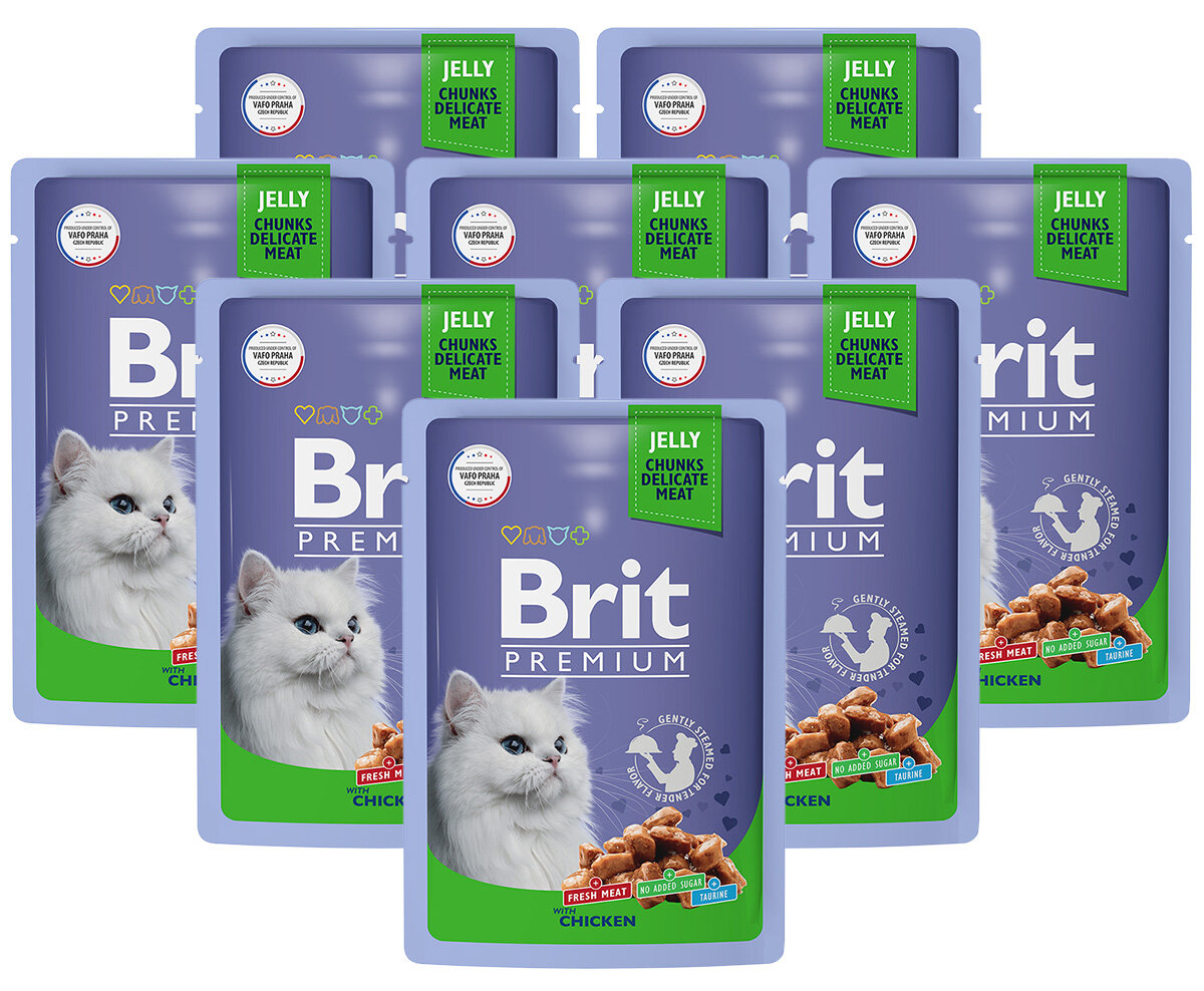 Корм влажный Brit Premium для взрослых кошек c курицей пауч кусочки в желе, 85 г х 8 шт