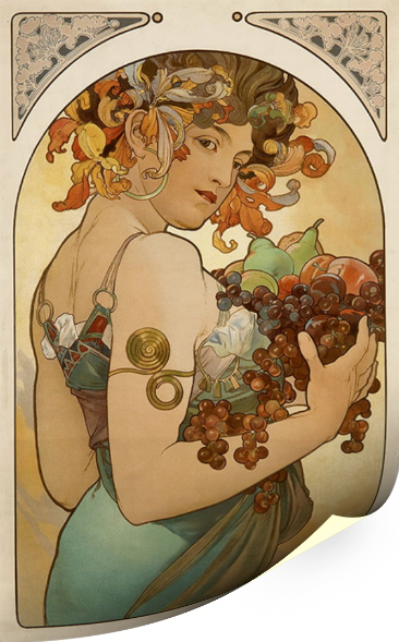 "Фрукты", Муха Альфонс, картина для интерьера (репродукция) (30х47 см / без подрамника)