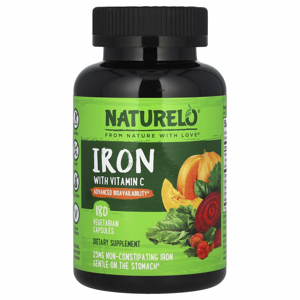 NATURELO, Железо с витамином C, 180 вегетарианских капсул