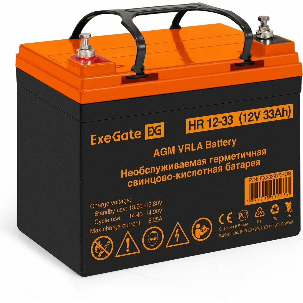 Аккумуляторная батарея HR 12-33 12V 33Ah, под болт М6 ExeGate 282975, пластиковый, серый прямая полярность технология AGM