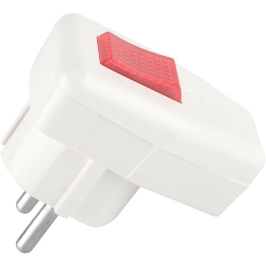 Вилка Duwi ABS-пластик, угловая с/з, с выключателем, 16А, 250В, IP20, белая, 30471 5