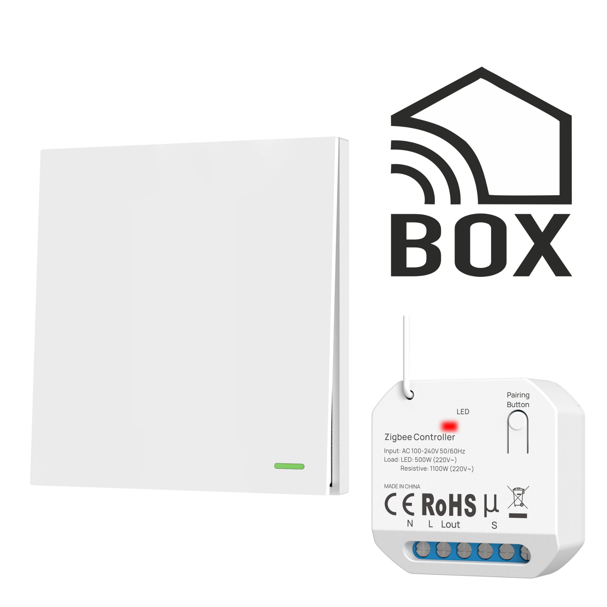 Беспроводное одноканальное реле BOX ERC2201-Z с поддержкой ZigBee в комплекте с кинетическим выключателем EA1 (белый).