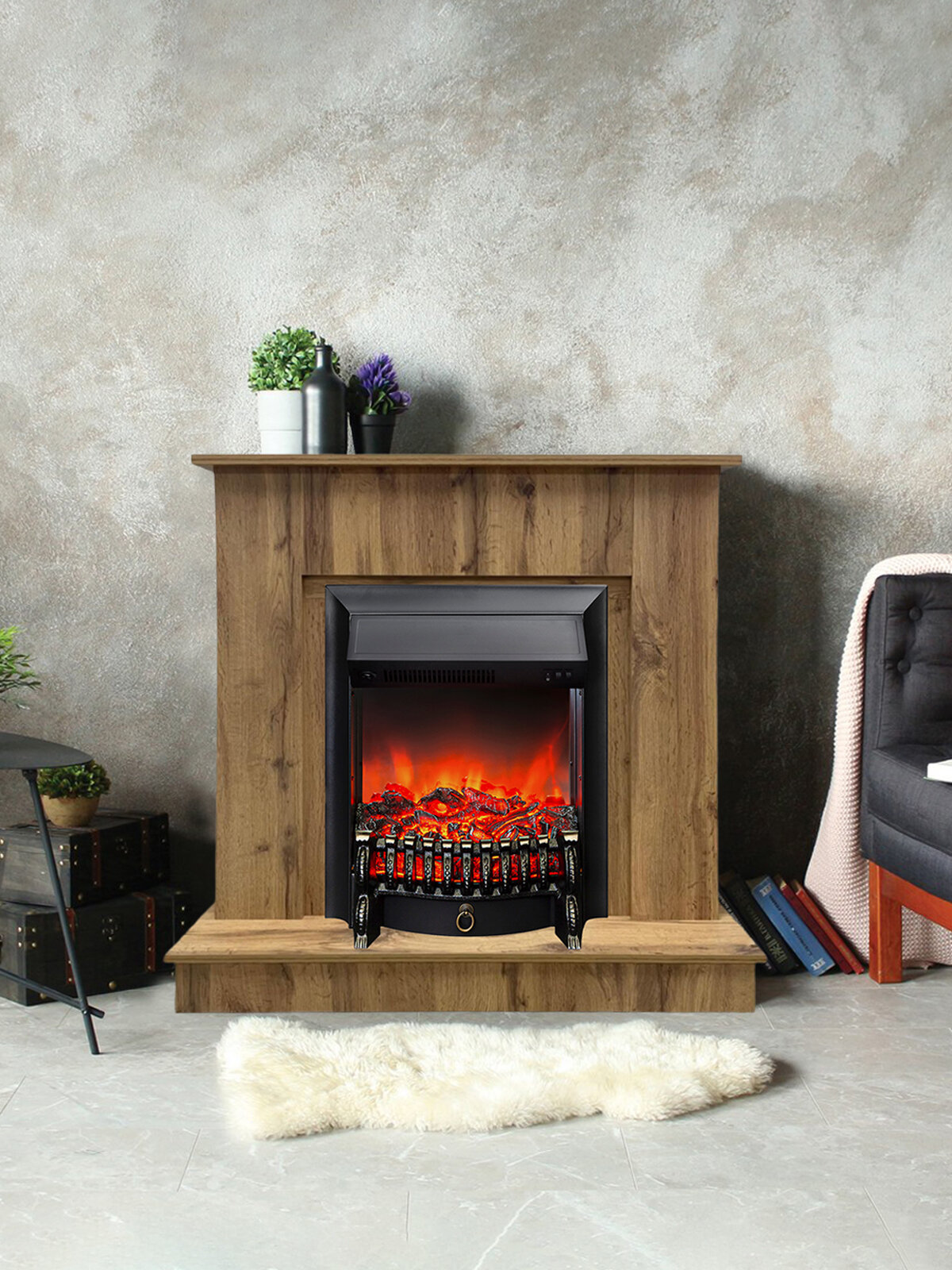 Электрокамин FlameKamin Лорд Люкс DW дуб вотан с очагом Fobos, имитация пламени, звук, обогрев (камин электрический)