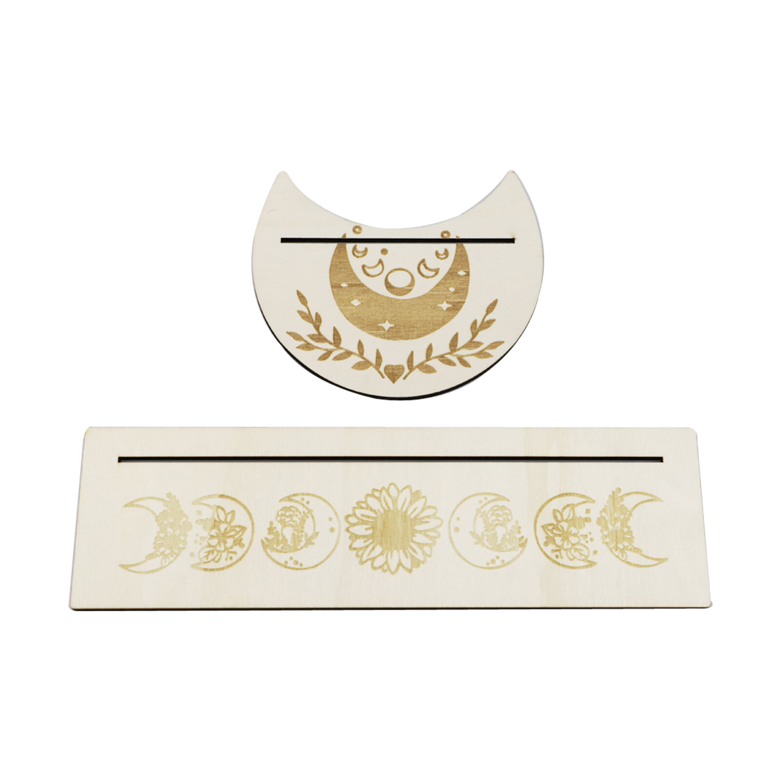 2pcs Card Card Stand Деревянная прямоугольная луна в форме барожки в форме дерева Дерево -места Держатели карт для олова ведьмы инструментов алтарь декор