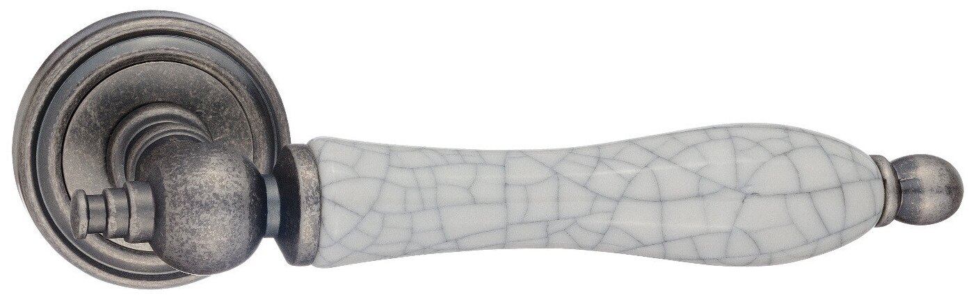 Ручка дверная межкомнатная на круглой розетке Мишель, серебро античное/состаренная керамика.