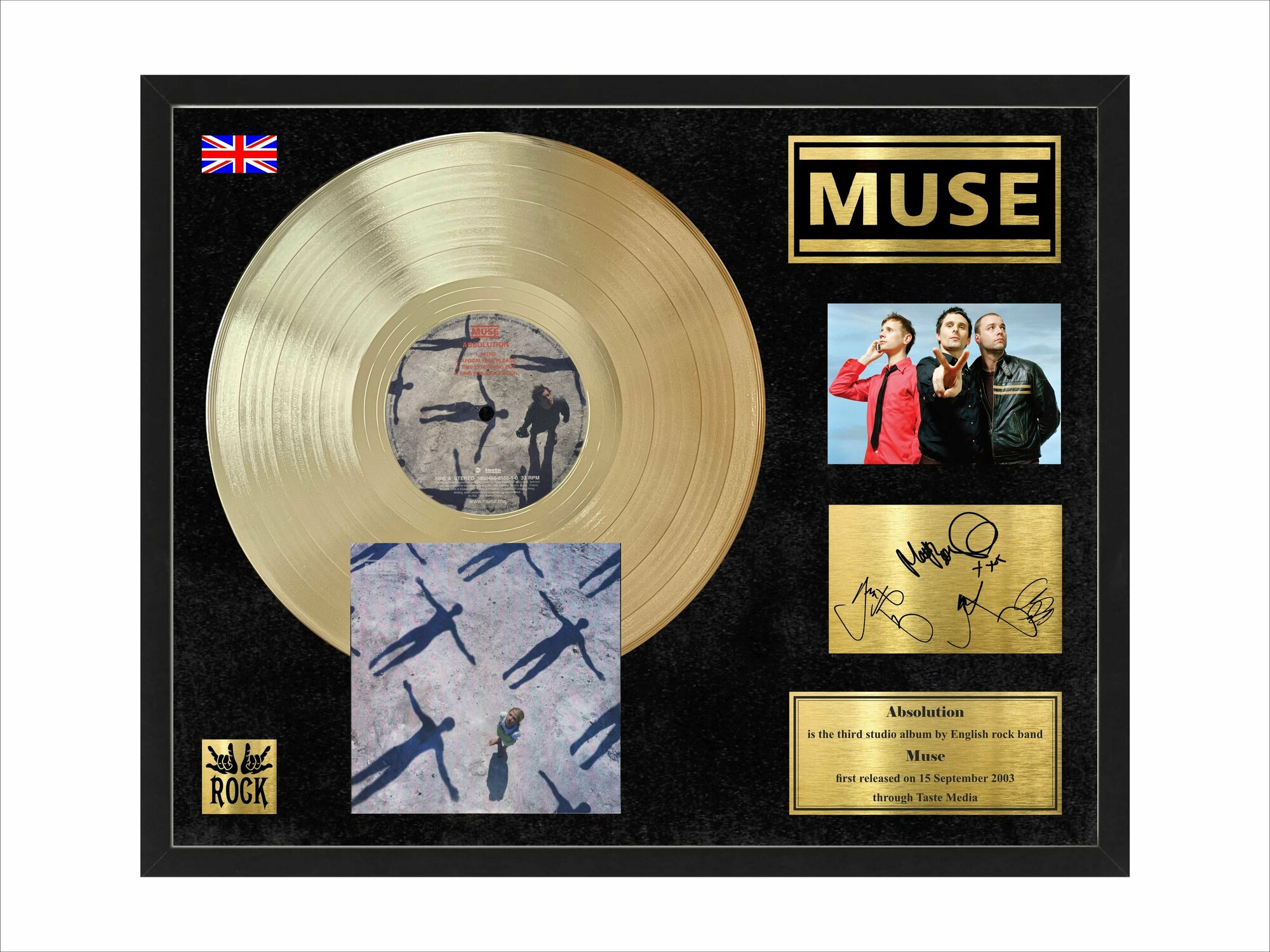 Muse Absolution золотая виниловая пластинка в рамке и автографы музыкантов