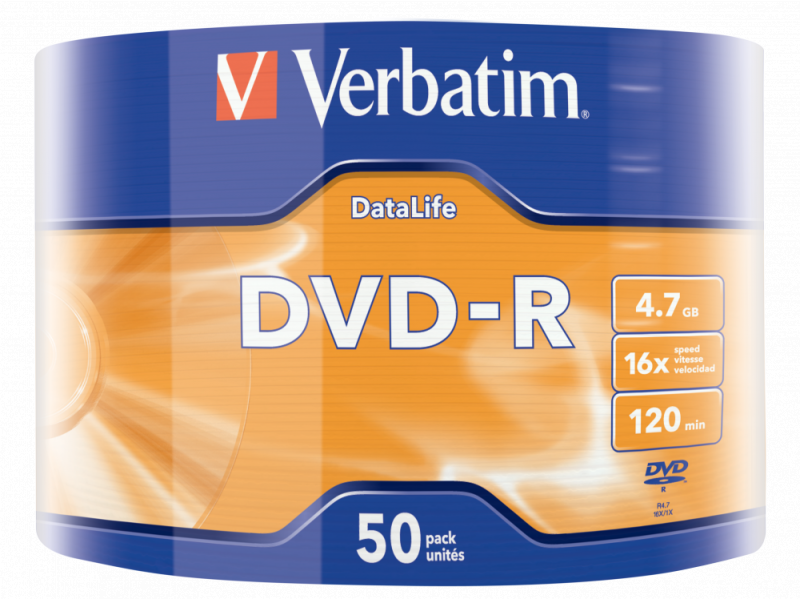 Диски VERBATIM DVD-R 4.7Gb, 16-x Data Life (50 шт) (43791)