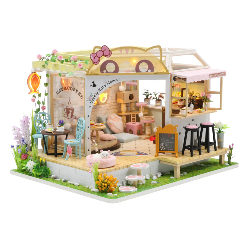 Hongda diy Cabin Cat Cafe Back Garden Handmade Small House Model Creative Assembled Gift Girl Gift (Cat Cafe Back Garden-Basic-Chinese Version)