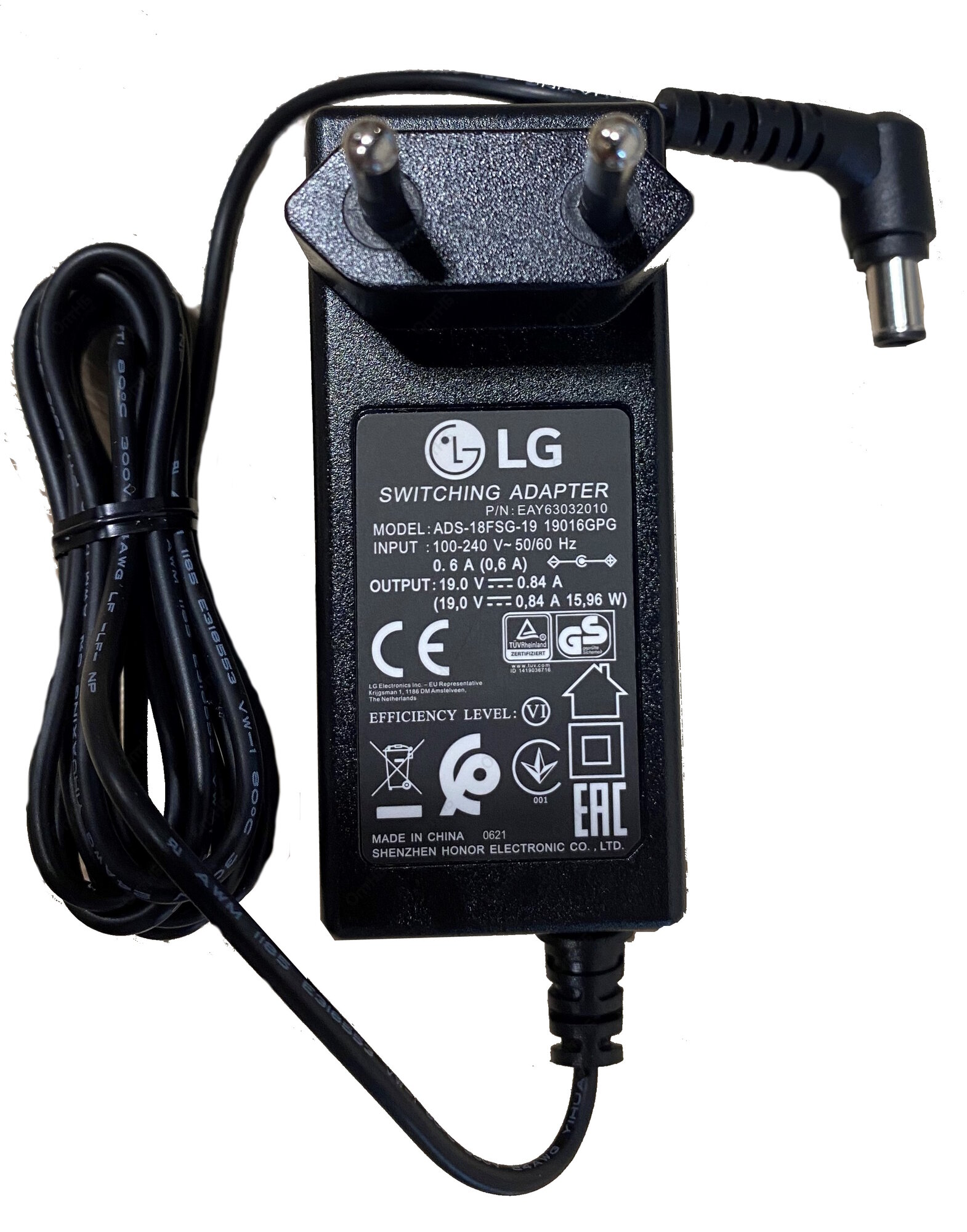 Блок питания для монитора LG 19V, 0.84A, 16W, 6.5x4.4мм с вилкой, ORG