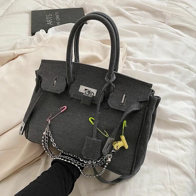 Сумка саквояж  Джинсовая сумка в стиле биркин, серая