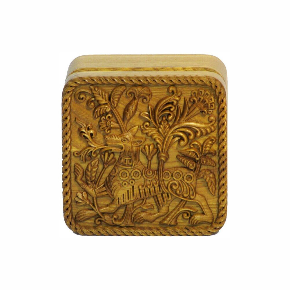 Резная шкатулка-кубик Песиглавец из мореного ясеня 12,8х12,8х8,5 см 999-RTB-743-2L