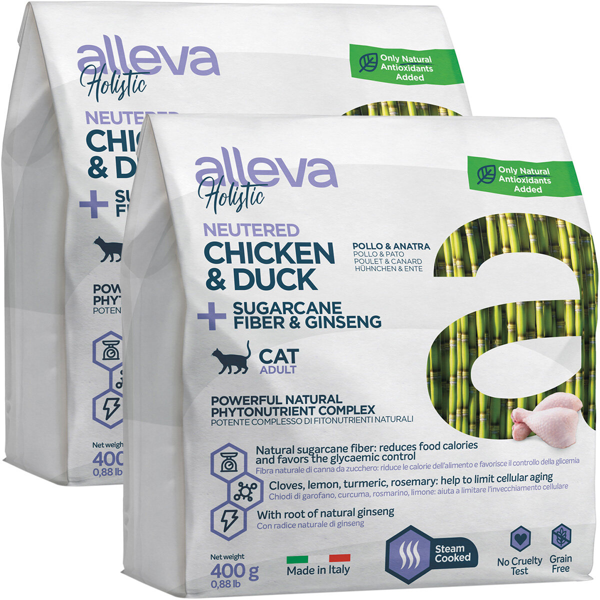 ALLEVA HOLISTIC ADULT CAT NEUTERED CHICKEN & DUCK беззерн взрос кастрир/стерилиз кошки курица/утка/сахарный тростник/женьшень (0,4 + 0,4 кг)
