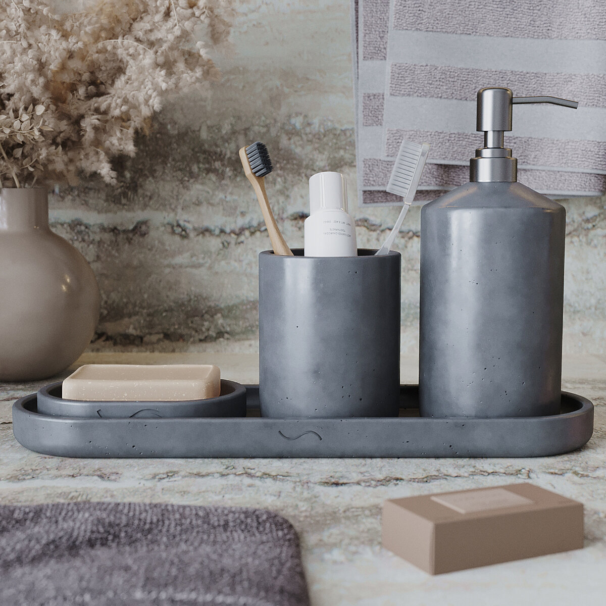 Набор Astrid 14 (дозатор 0,4 л, стакан для зубных щеток, мыльница, поднос 36x11 см), бетон, графитовый глянцевый