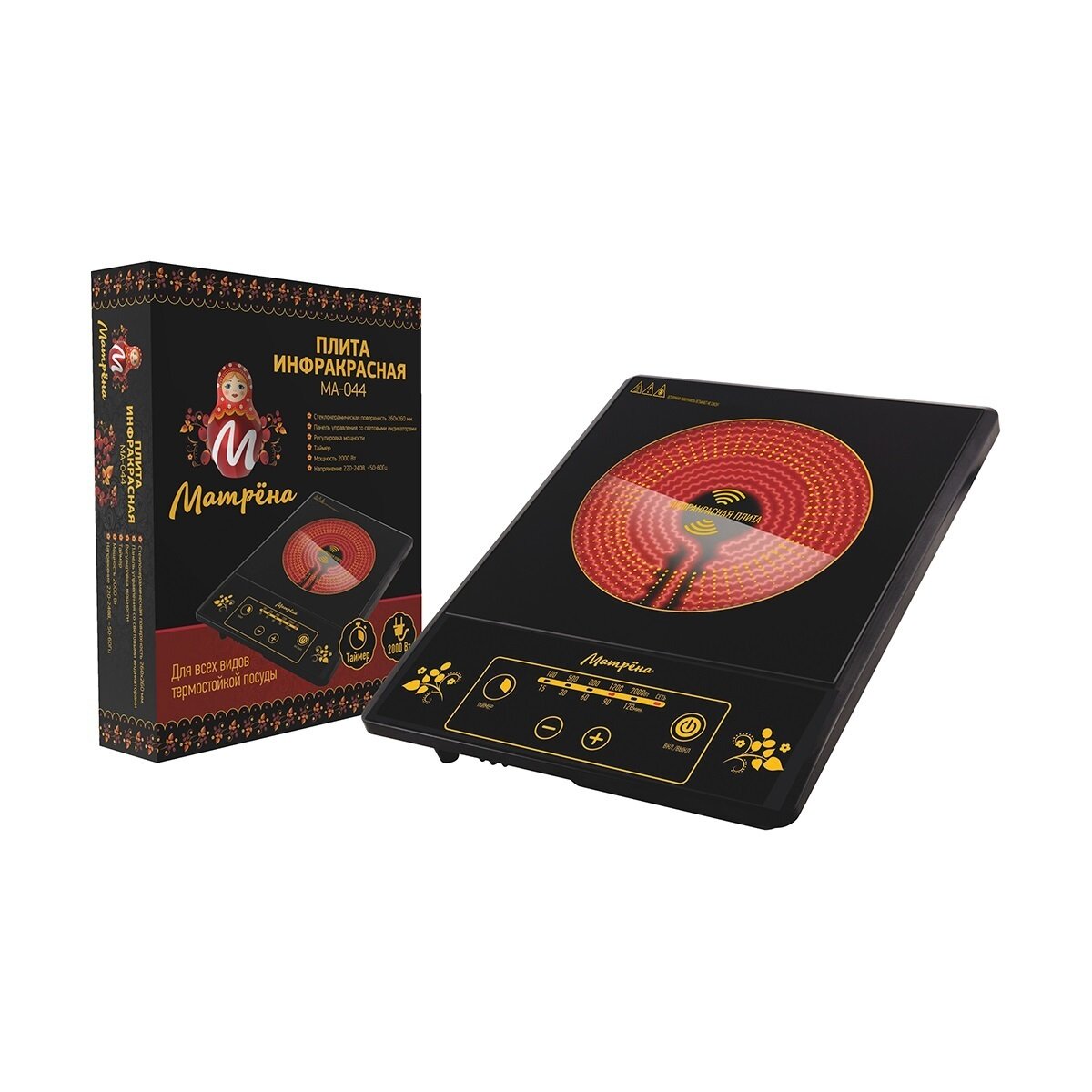 Плита инфракрасная Матрёна "Ма-044", настольная, стеклокерамическая, чёрная, 2 кВт