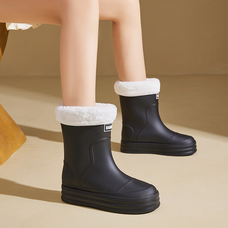 Летние полусапожки, модные резиновые сапоги, женские резиновые сапоги со шнурком и подгибкой, для улицы, для кухни, работы, резиновая обувь из ПВХ, водонепроницаемая обувь плюс бархат