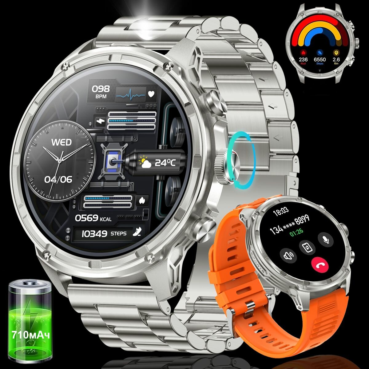 Мужские умные часы со светодиодным фонариком, 1.85'IPS экран, спортивные smart watch, аккумулятор 710 мАч, монитор сердечного ритма/SpO2/сна, фитнес-трекер для Android iOS,