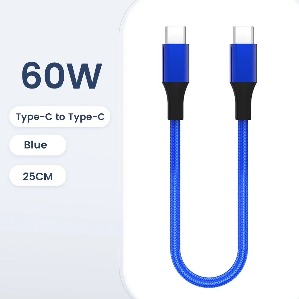 Короткий 30-сантиметровый кабель типа C — USB C для быстрой зарядки для Iphone15 Xiaomi Samsung Huawei Power BanK 25 см USB-кабель для передачи данных типа C/USB C 25cm 60w CC blue