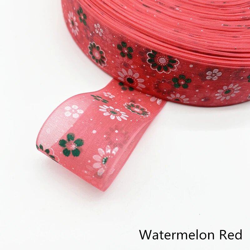 Ленты органзы с цветочным принтом 5 ярдов 25 мм Красный, Watermelon Red