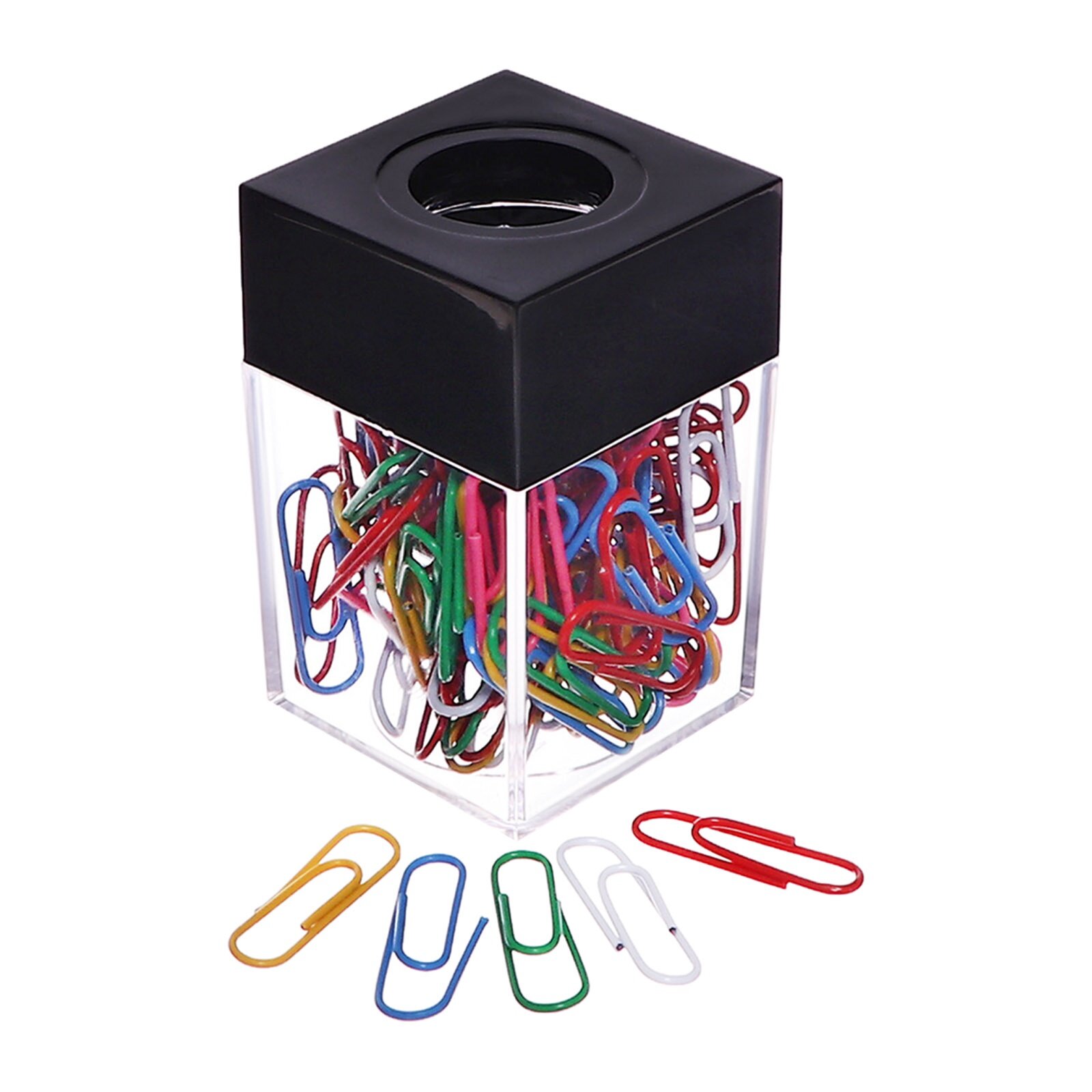 Скрепочница квадратная с магнитом прозрачная пластик, скрепки цветные 100 штук, 10731723
