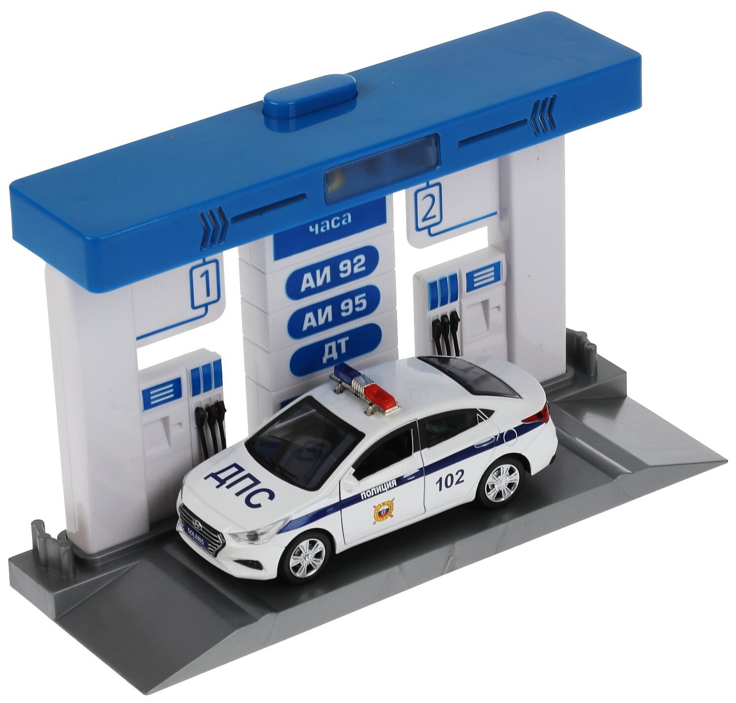 Модель Инерционная Технопарк Hyundai Полиция. Автозаправочная станция (11см, металл, пластик, свет, звук, в коробке)