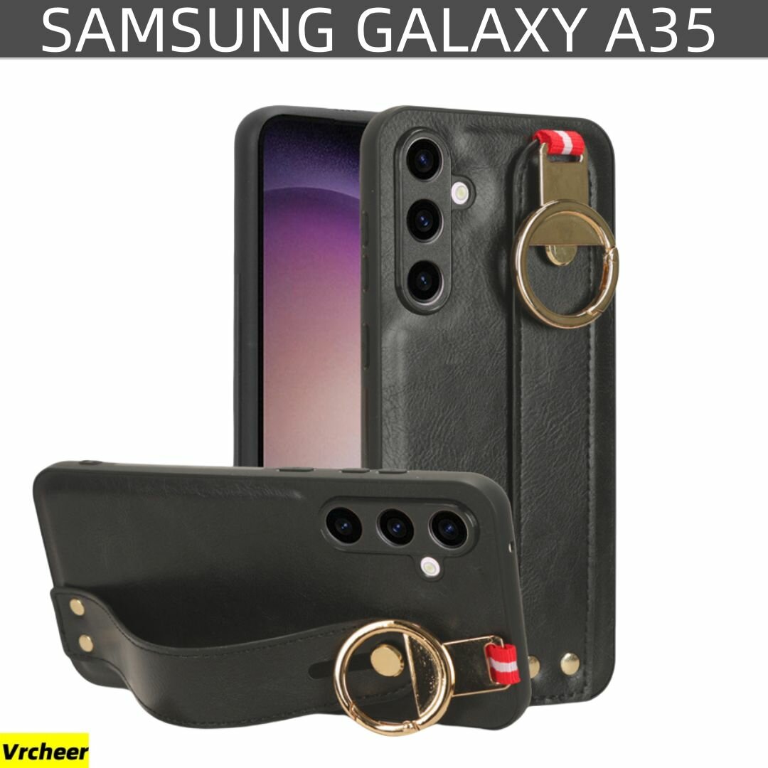 Стильный на Кожаный чехол для телефона Samsung Galaxy A35(Самсунг Гэлак A35) с Браслет, черный