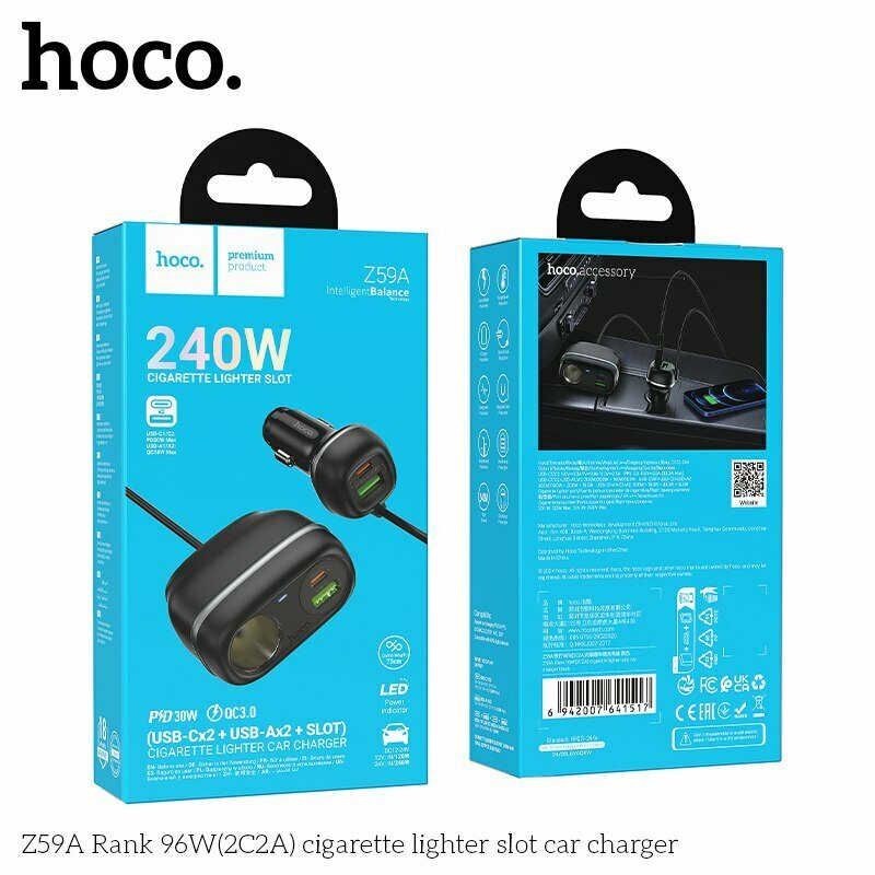 Автомобильное заряд. устр. Hoco Z59A 240w 2USB/2T-C/1-12V чёрный