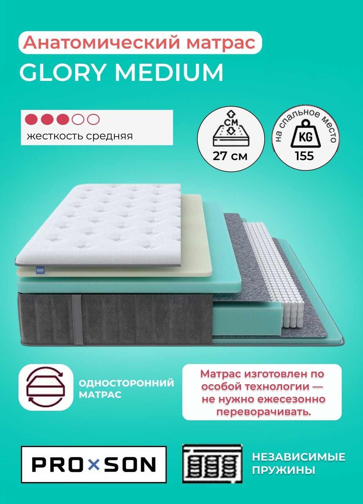 Матрас 160x200 Glory Medium, независимые пружины, жесткость средняя