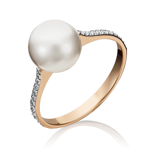 Кольцо, красное золото, 585 проба, фианит, жемчуг