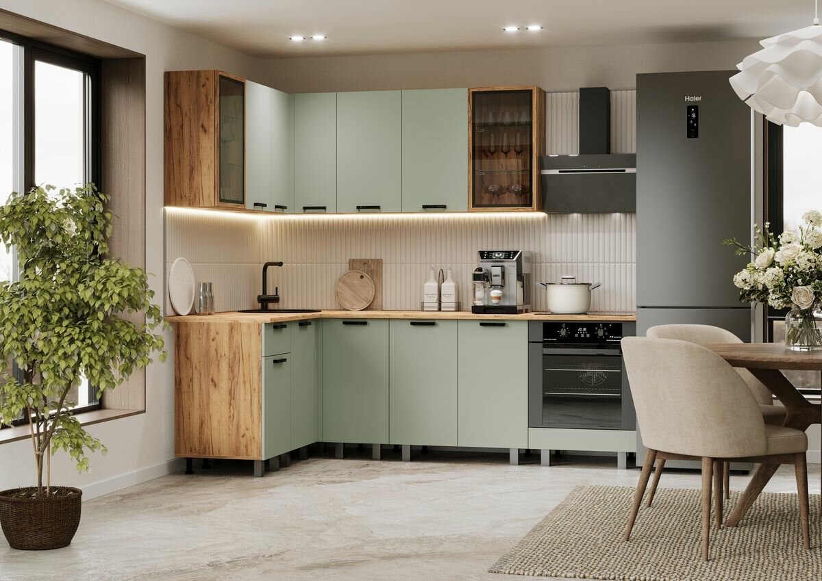 Кухня Техно 1,4 х 2,4 Компоновка №9 Олива Софт, Дуб Крафт (Дуб вотан)