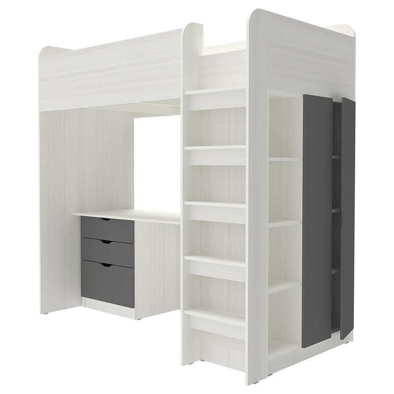 Кровать-чердак Polini Simple с письменным столом и шкафом Белое Дерево Темно-серый