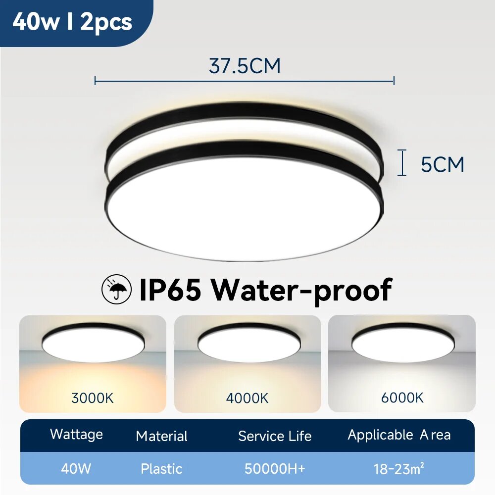 Водонепроницаемый светильник для ванной комнаты, потолочный светодиодный потолочный светильник 18 Вт, 30 Вт, 40 Вт, круглый светодиодный потолочный светильник для кухни, гостиной, туалета, 220 В 40W-Black-2pcs, теплый белый