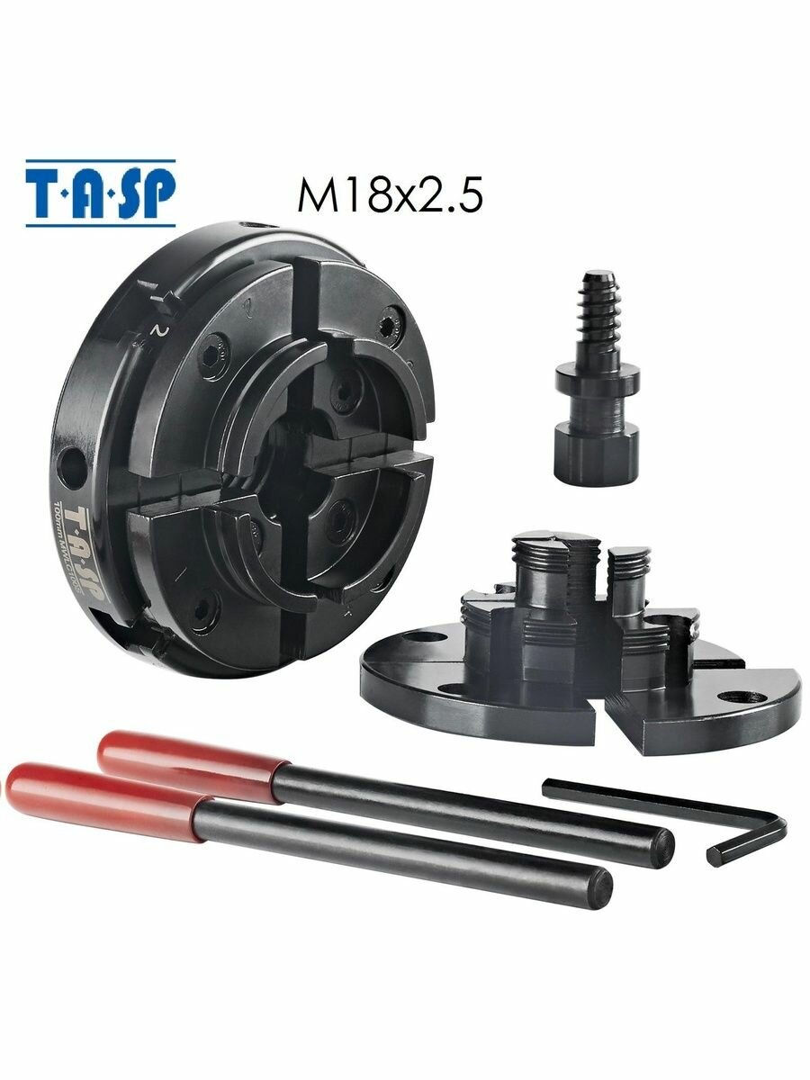 TASP Токарный патрон по дереву и со ступенчатой челюстью набор 100 мм, M18 x 2.5 для Зубр ЗСТД-350-1000, Einhell TC-WW 1000/1, Кратон WML-1-02, Ставр СТД-400, 4 челюсти.