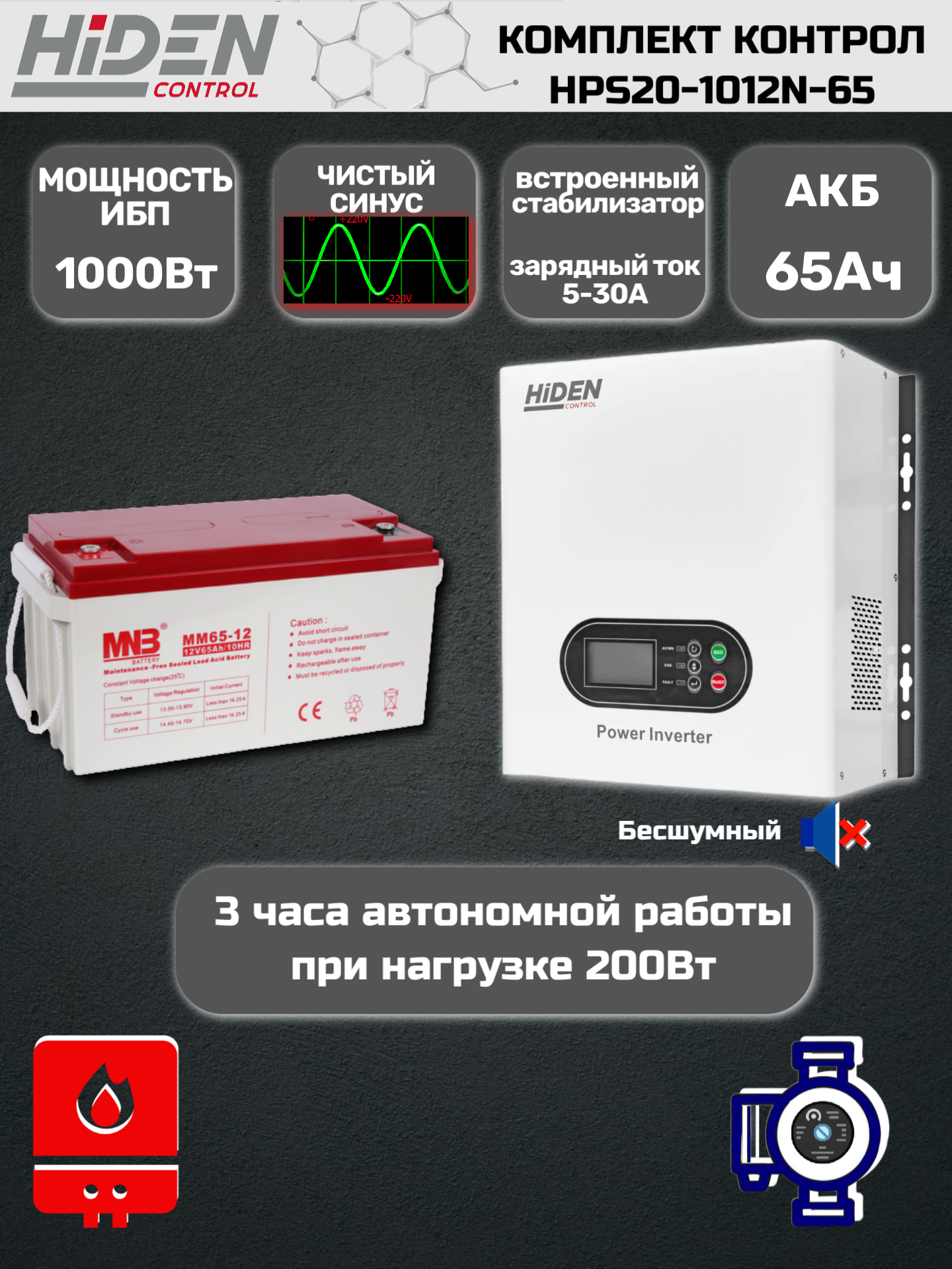 Комплект ИБП Контрол HPS20-1012N-65 для газового котла и циркуляционных насосов (1000Вт, 65Ач)