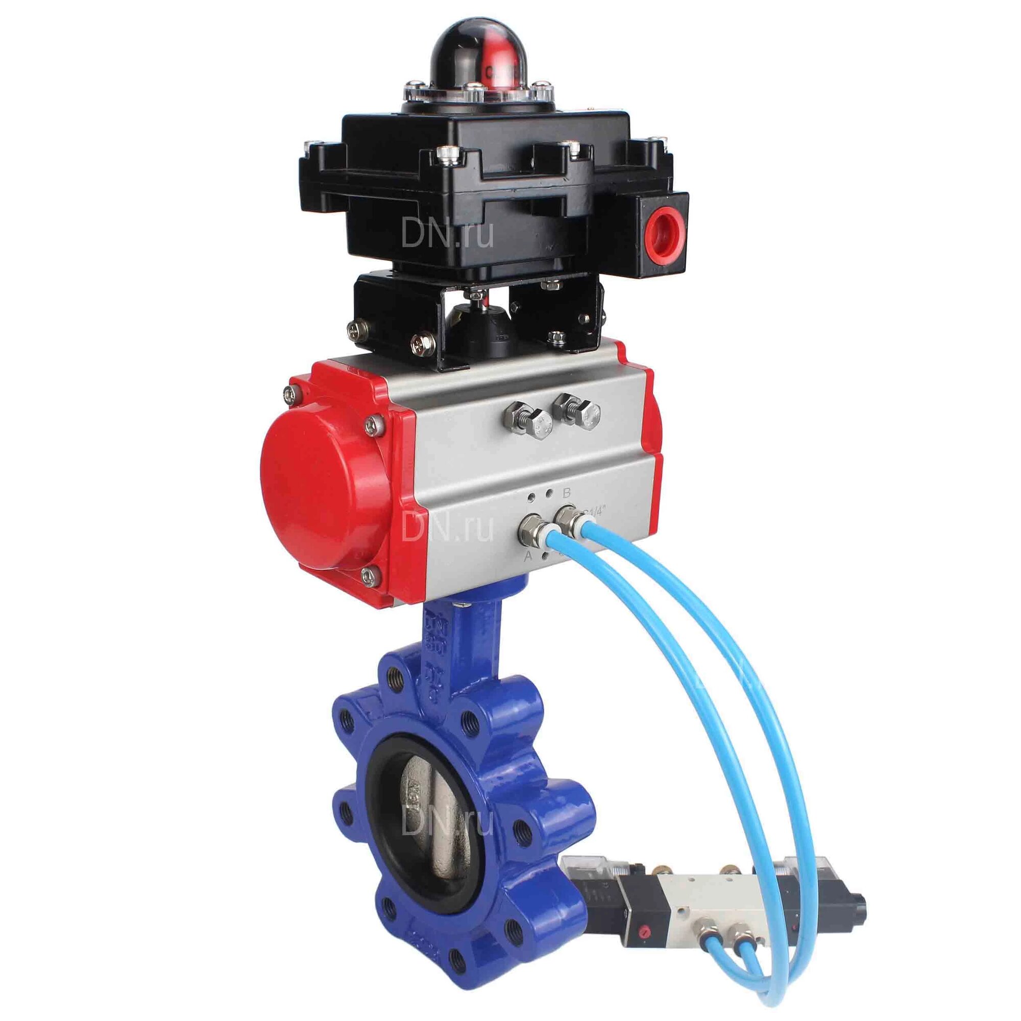 Затвор дисковый поворотный DN. ru QT450-QT450-NBR-2W-Fb-H Ду80 Ру16 корпус - чугун QT450, диск - чугун QT450, уплотнение - NBR, межфланцевый, с пневмоприводом DA-083, пневмораспределителем PND1-S2EM-52-2-T08-220VAC и БКВ LSB-410-02ExM12-250