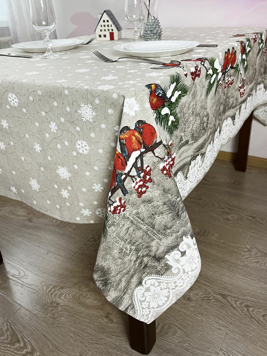 Скатерть серая набивная "Снегири" 145*145, лен 50%, хлопок 50%