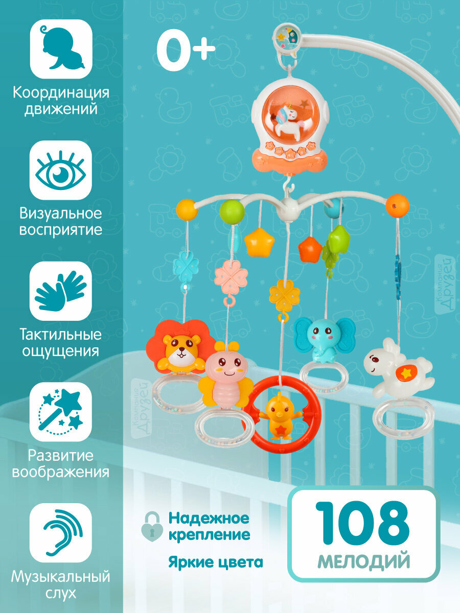 Музыкальная карусель, мобиль, ночник, регулировка громкости, игрушки-погремушки, свет, звук, JB0333936УЦ