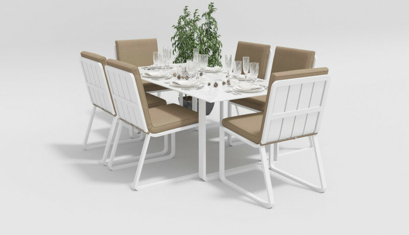 Обеденная группа Гарденини Волье 180x90 C2(Обеденная группа Gardenini Voglie 180x90 C2) каркас белый / подушки бежевые / столешница белая глянцевая