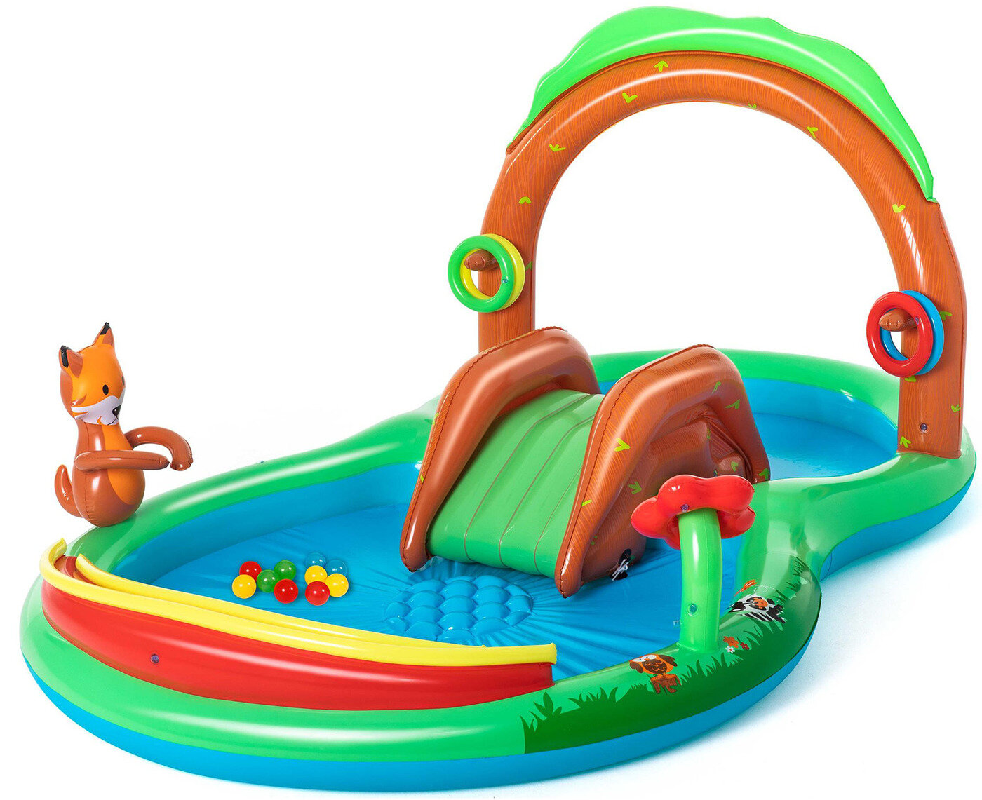 Детский надувной игровой центр Bestway "Playing Woods", большой бассейн с водной горкой и распылителем воды, игровой комплекс для купания и плавания, 295x199x130 см