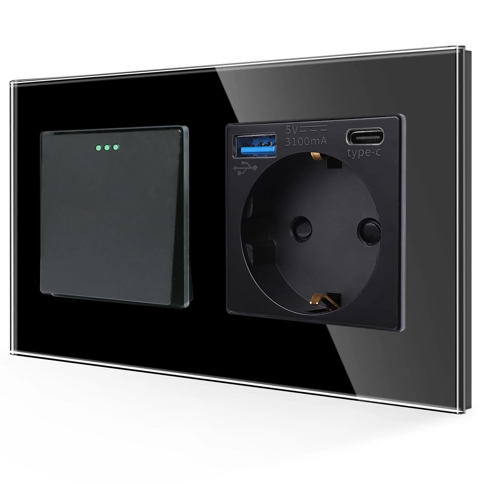 Розетка с выключателем Bingoelec, черная, 1Wpush 1type-c
