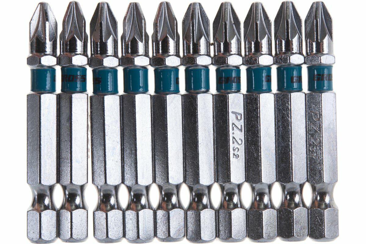 GROSS 11345 Набор бит PZ2x50 из стали S2, 10 шт, комплект для винтовертов и отверток