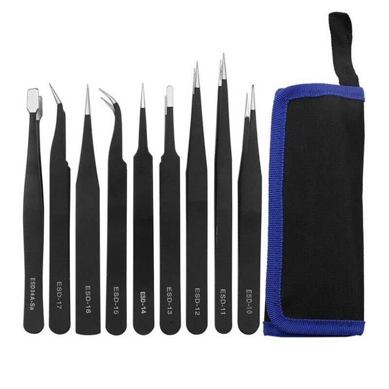 Пинцеты металлические антистатические, набор 9шт