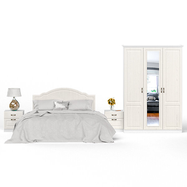 Ливерпуль Спальня № 1 Кровать 11.08ОСН + две Тумбы 08.146 + Шкаф 08.45Н + карниз, цвет ясень ваниль/белый, сп. м. 1600х2000 мм, б/м, ортопед есть