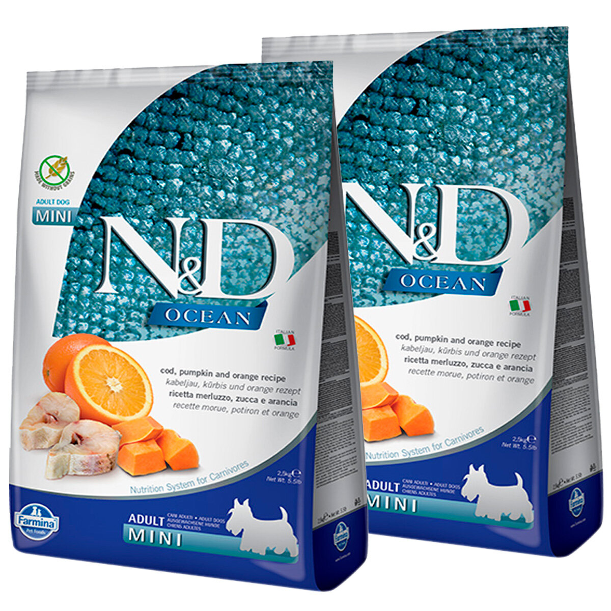 FARMINA DOG N&D OCEAN ADULT MINI CODFISH PUMPKIN & ORANGE беззерновой для взрослых собак маленьких пород с треской, тыквой и апельсином (0,8 + 0,8 кг)
