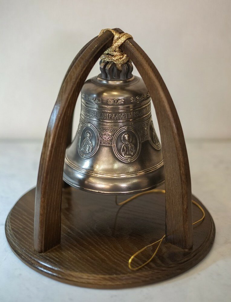 Колокол бронзовый на подставке "Шесть ликов Святых" (тонированная бронза) d16см, 3кг