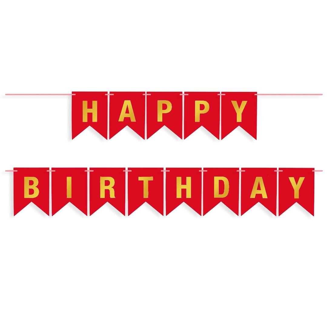 Гирлянда Флажки, Happy Birthday, Красный/Золото, Металлик, 500 см, 16*12 см, 1 упак.
