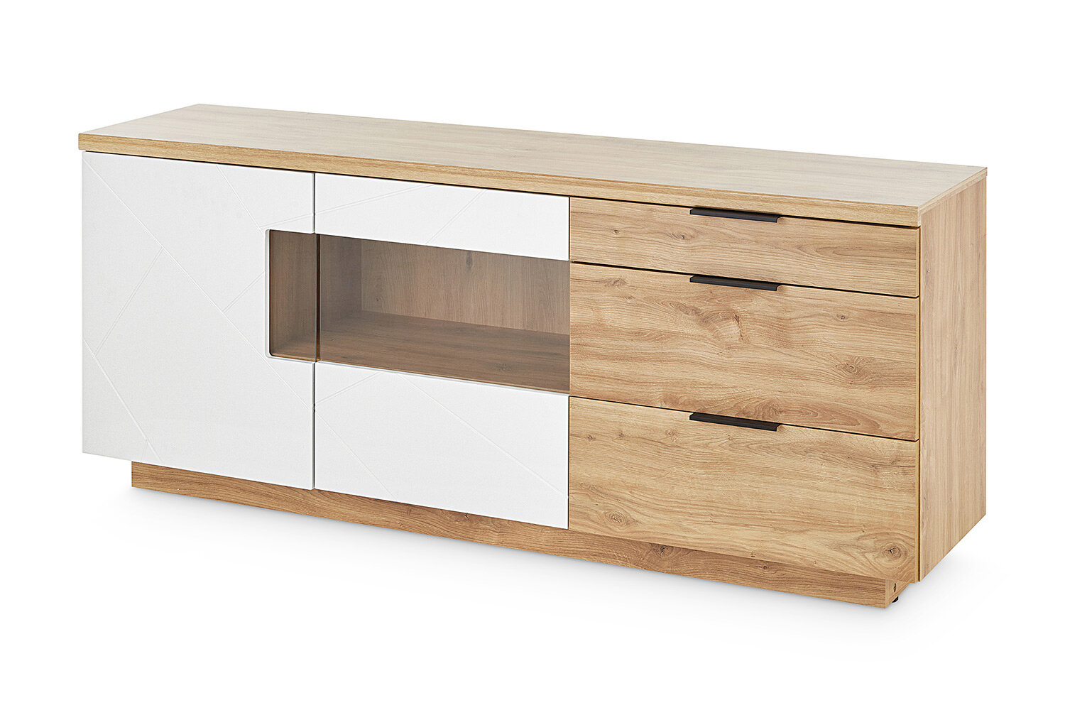 Тумба напольная Hoff Kaylas, 160,4х69,1х40,3 см, для гостиной, 3 ящика, 2 дверцы, матовый фасад, ЛДСП/МДФ/стекло, цвет дуб наварра, эко джелато
